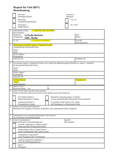 Request for Visit (RFV) Besuchsantrag - Germany