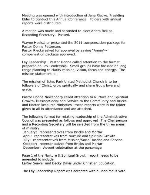 Meeting was opened with introduction of Jane Riecke, Presiding ...