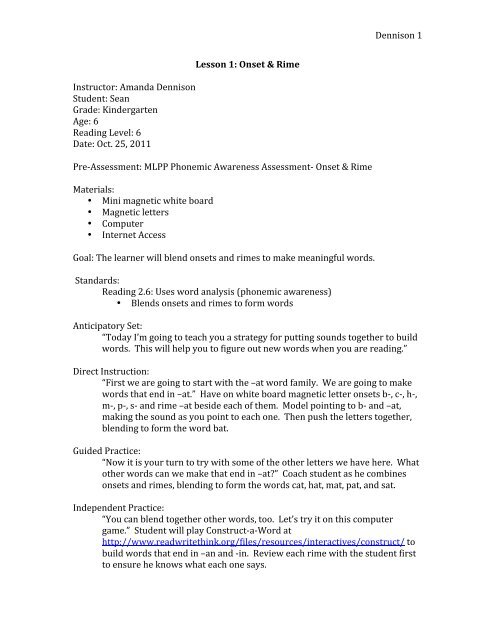Teaching Onset and Rime and Phoneme - Amanda Dennison's E ...