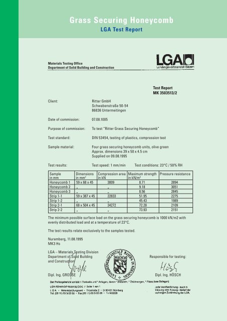 Grass Securing Honeycomb LGA Test Report - Eco Animal Bedding