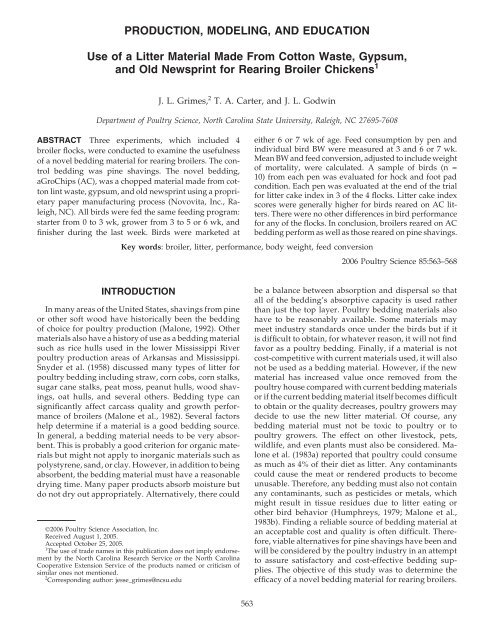 Use of a Litter Material Made From Cotton - Poultry Science ...