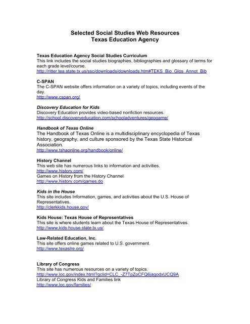 Social Studies Web Resources for Home Study/Activities