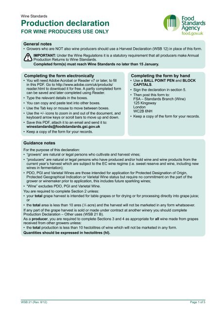 Production declaration - Food Standards Agency