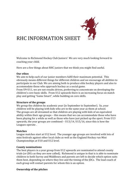 RHC INFORMATION SHEET - Richmond Hockey Club