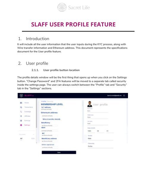 SLAFF User profile feature