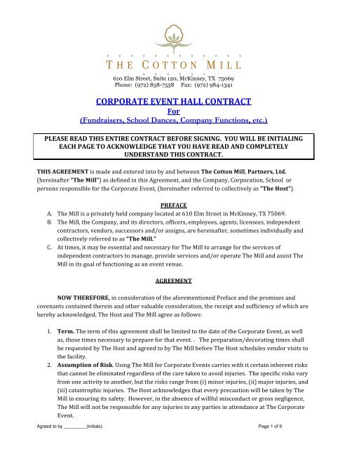 CORPORATE EVENT HALL CONTRACT - The Cotton Mill