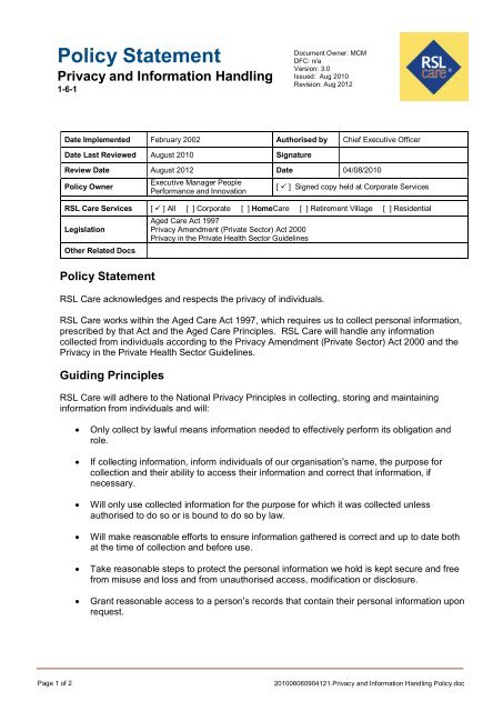 Policy Statement Privacy and Information Handling - RSL Care