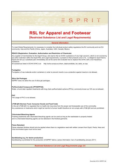 RSL for Apparel and Footwear (Restricted Substance List ... - Esprit