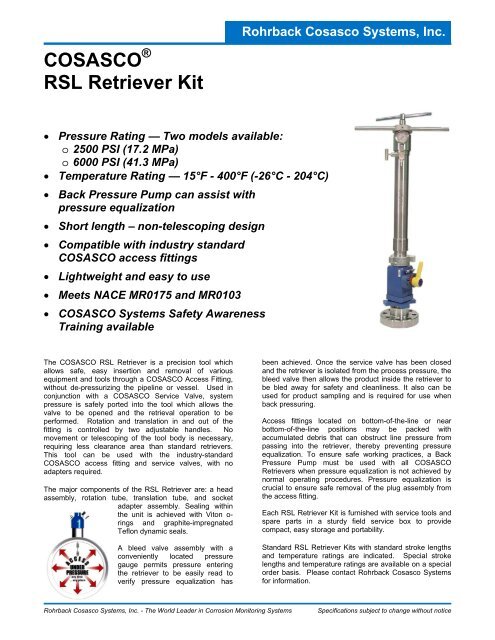Rohrback Cosasco Systems, Inc. COSASCO ® RSL Retriever Kit