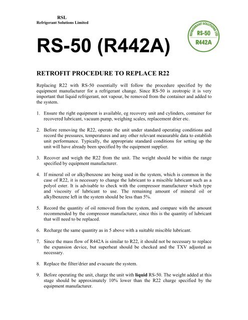 rs-50 (r442a) retrofit procedure to replace r22 - Refrigerant Solutions