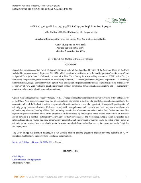 Matter of Fullilove v Beame 48 NY2d 376 regarding Executive Order 45 ...