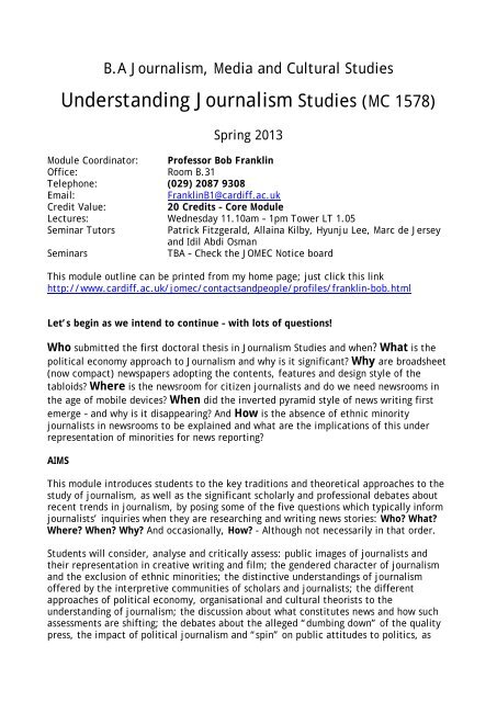 Understanding Journalism Studies - Cardiff University