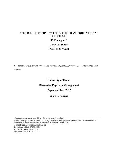 SERVICE DELIVERY SYSTEMS: THE TRANSFORMATIONAL ...