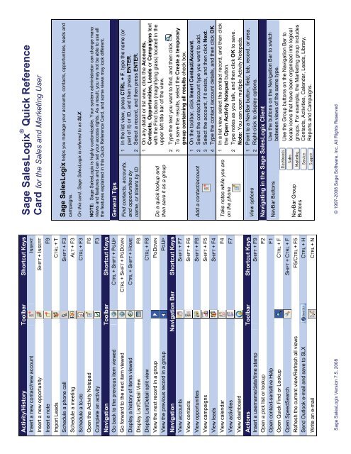 Sage SalesLogix Quick Reference Card