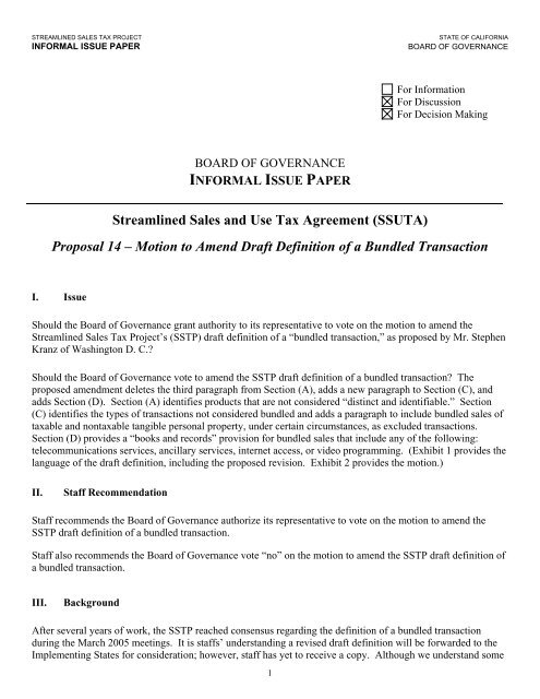 Streamlined Sales and Use Tax Agreement (SSUTA) Proposal 14 ...