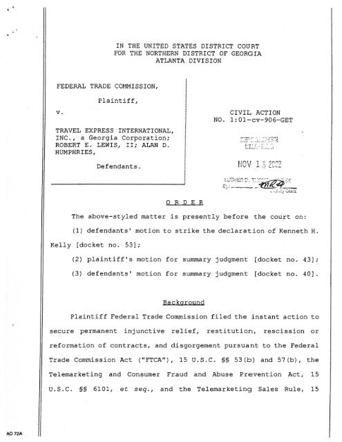 Order Denying Plaintiff's Motion For Summary Judgment and ... Order Denying Plaintiff's Motion For Summary Judgment and ...