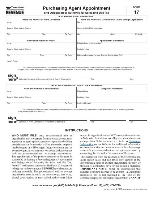 Purchasing Agent Appointment, Form 17 - Nebraska Department of ...
