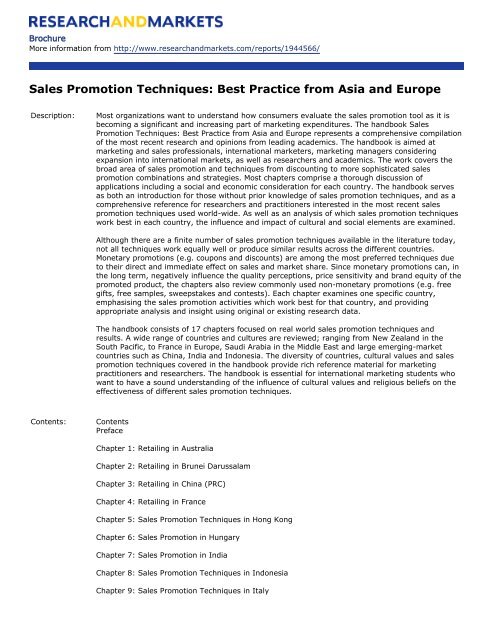 Sales Promotion Techniques: Best Practice from Asia and Europe