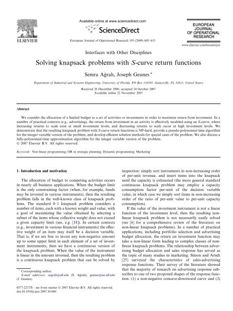 Solving knapsack problems with S-curve return functions
