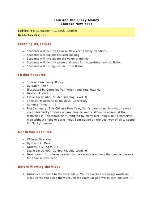 Sam and Lucky Money Bookflix Lesson Plan - sskinder