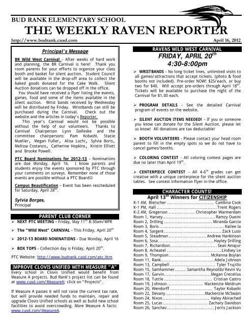 THE WEEKLY RAVEN REPORTER - Bud Rank Elementary School