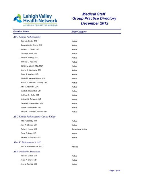 Group Practice Directory - Medical Staff Services