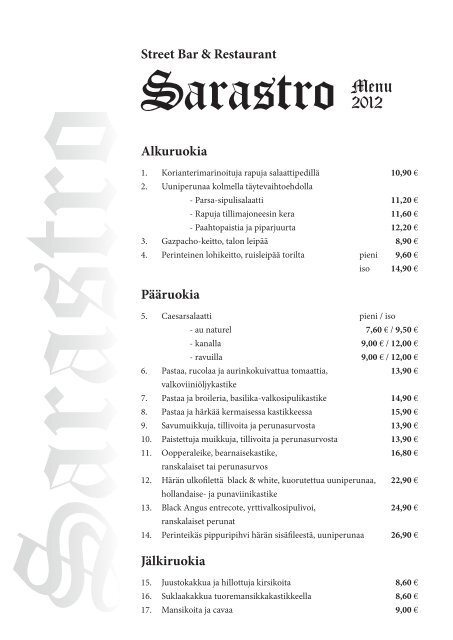 Menu 2012 - Street Bar & Restaurant Sarastro
