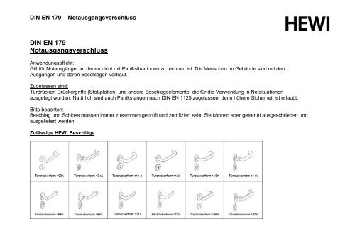 DIN EN 179 Notausgangsverschluss - HEWI