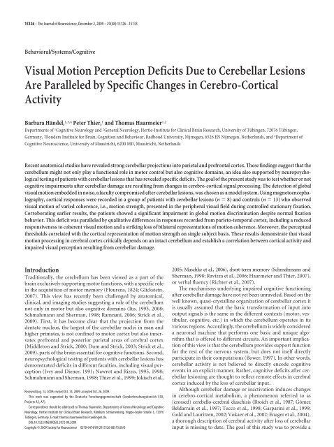 Visual Motion Perception Deficits Due to Cerebellar Lesions Are ...