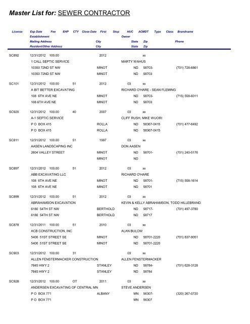 Master List for: SEWER CONTRACTOR