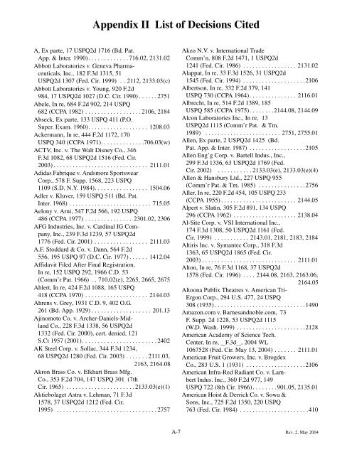 Appendix II List of Decisions Cited - U.S. Patent and Trademark Office