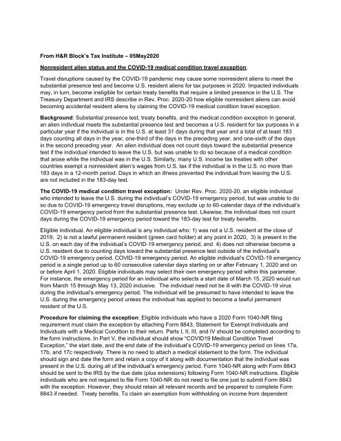 Nonresident alien status and the COVID-19 medical condition travel ...