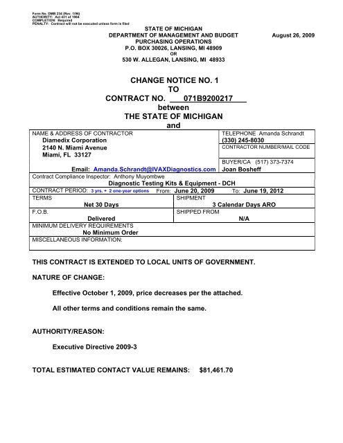 CHANGE NOTICE NO. 1 TO CONTRACT NO ... - State of Michigan