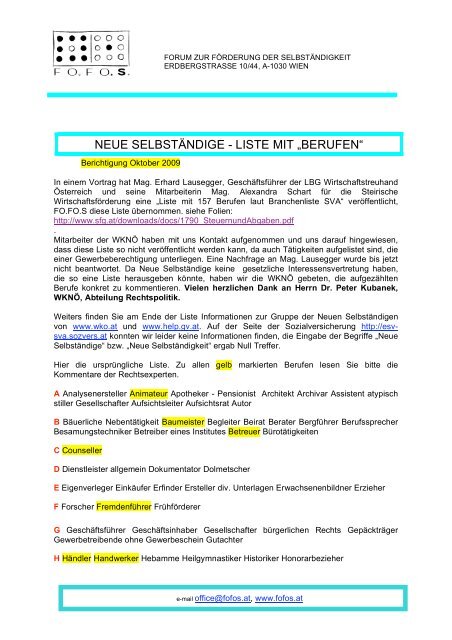 NEUE SELBSTÄNDIGE - LISTE MIT „BERUFEN“ - FO.FO.S