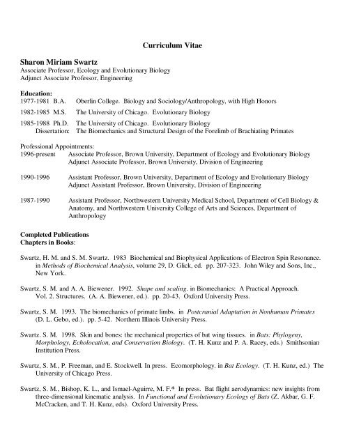 Curriculum Vitae Sharon Miriam Swartz - Brown University