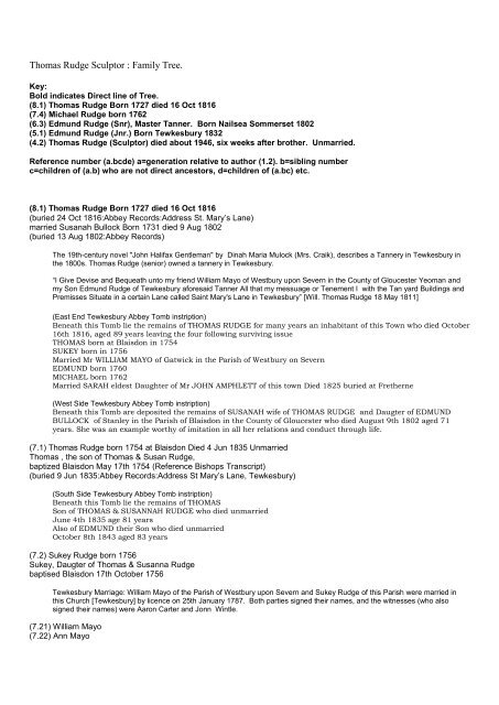 Thomas Rudge Sculptor : Family Tree.