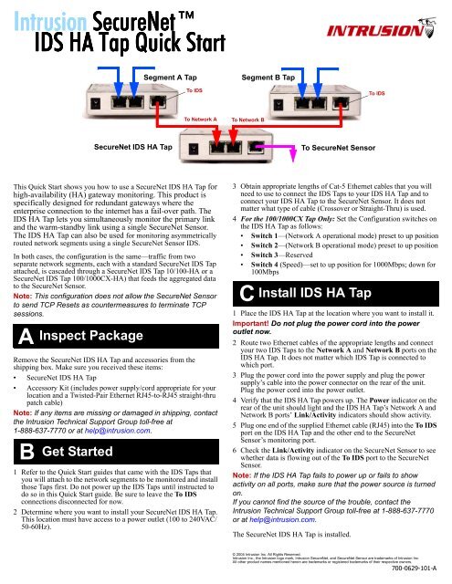 Intrusion SecureNet™ IDS HA Tap Quick Start