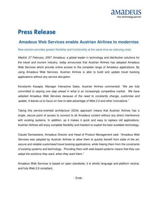 Amadeus Web Services enable Austrian Airlines to modernise