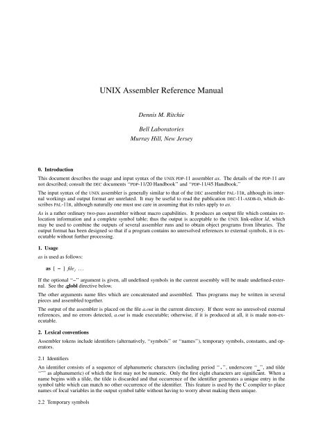 Unix Assembler Reference Manual