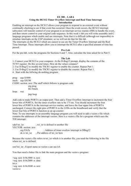 Ee 308 Lab 6 Using The Hcs12 Timer Overflow Interrupt And Real