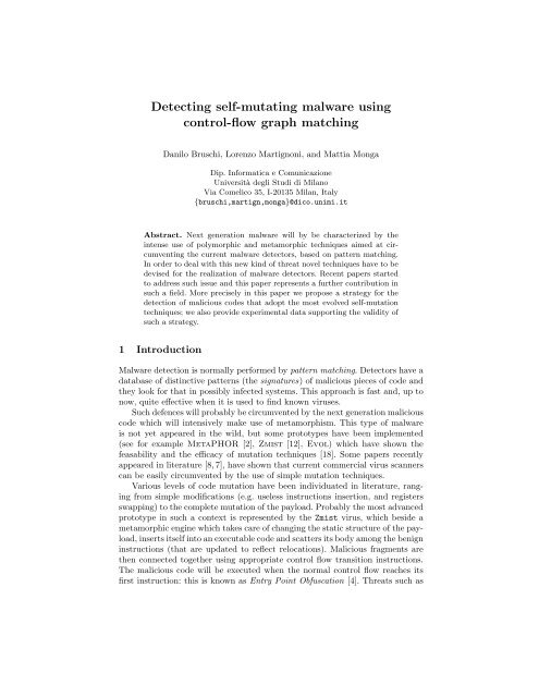 Detecting Self Mutating Malware Using Control Flow Graph Matching