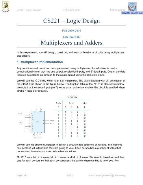 CS221 – Logic Design Multiplexers and Adders