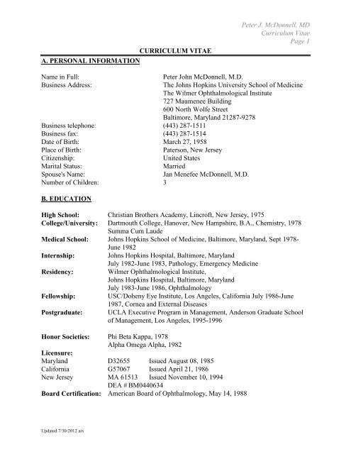 Curriculum Vitae - Johns Hopkins Medical Institutions