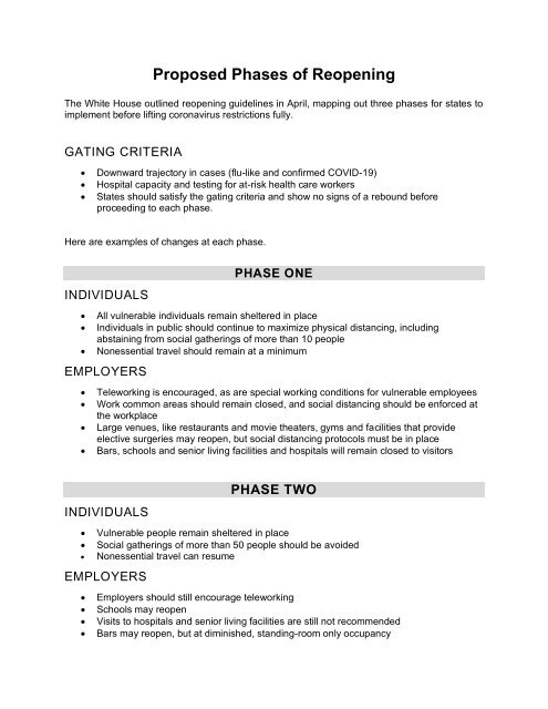 Proposed Phases of Reopening