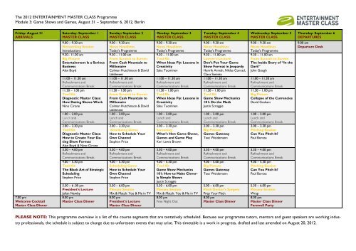 The 2012 ENTERTAINMENT MASTER CLASS Programme Module ...