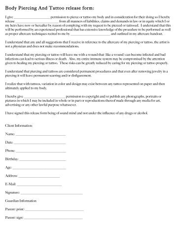 Body Piercing Disclosure Statement/Consent Form - Concord, MA
