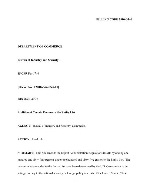 Entity List Federal Register Notice - Bureau of Industry and Security ...
