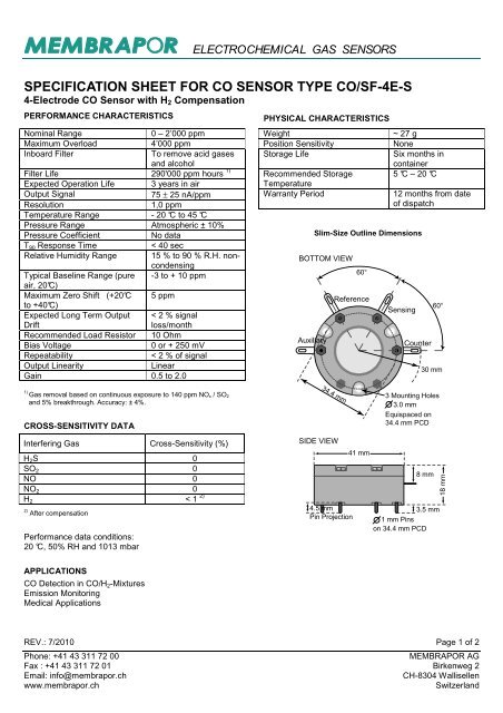 specification sheet for co sensor type co/sf-4e-s - Membrapor