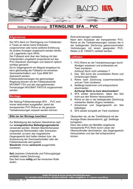 Seilzug-Füllstandanzeige STRINGLINE SFA ... PVC ... - BAMO IER