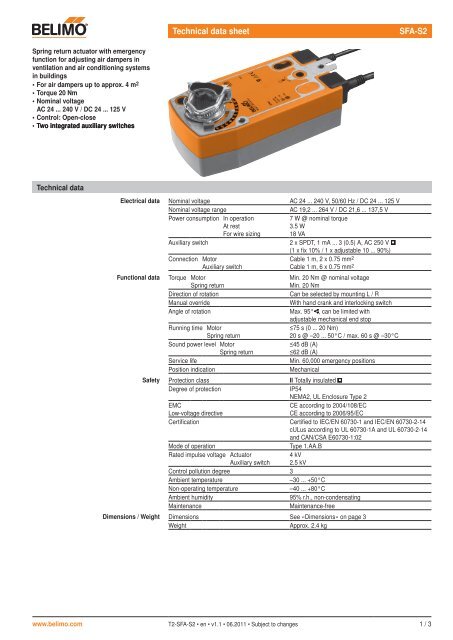 Technical data sheet SFA-S2 - Belimo